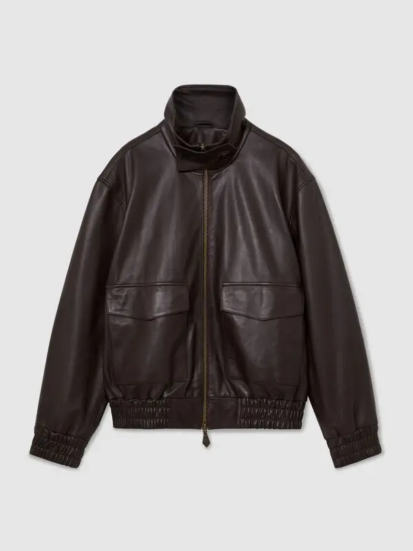 REISS Trinity Leather Bomber Jacket - Bordeaux