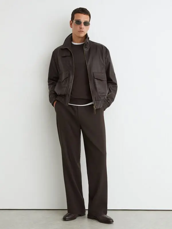 REISS Trinity Leather Bomber Jacket - Bordeaux
