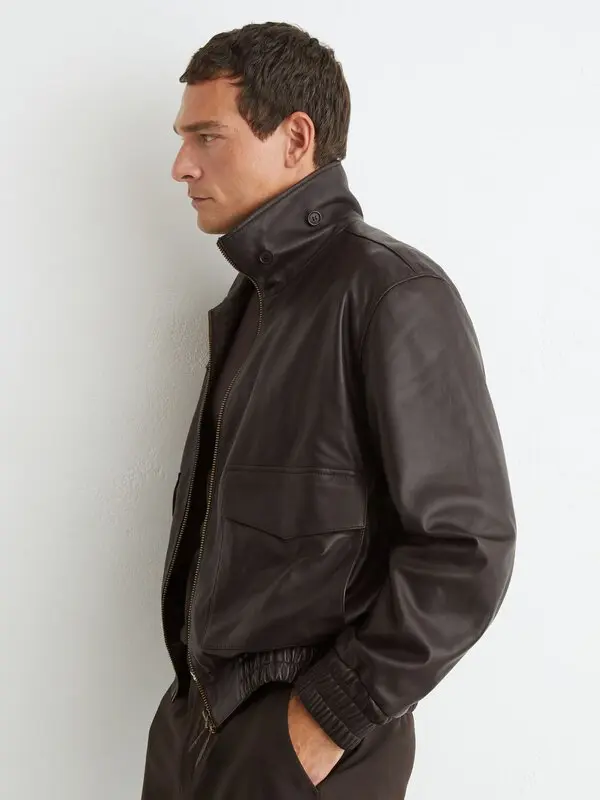 REISS Trinity Leather Bomber Jacket - Bordeaux