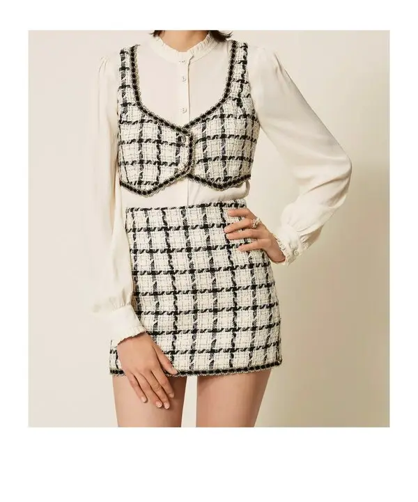 TWINSET Plaid Bouclé Mini Skirt With Velvet And Metallic Trim