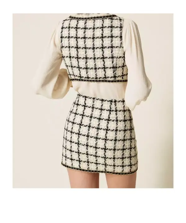 TWINSET Plaid Bouclé Mini Skirt With Velvet And Metallic Trim
