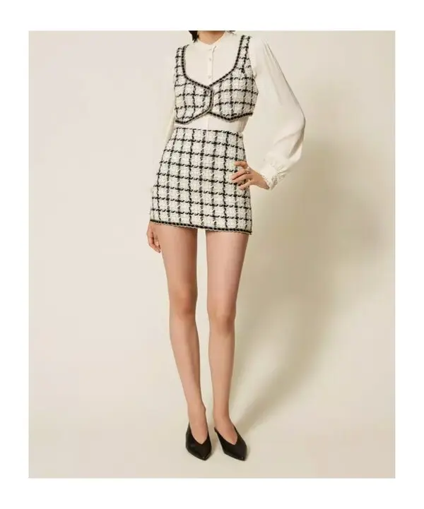 TWINSET Plaid Bouclé Mini Skirt With Velvet And Metallic Trim