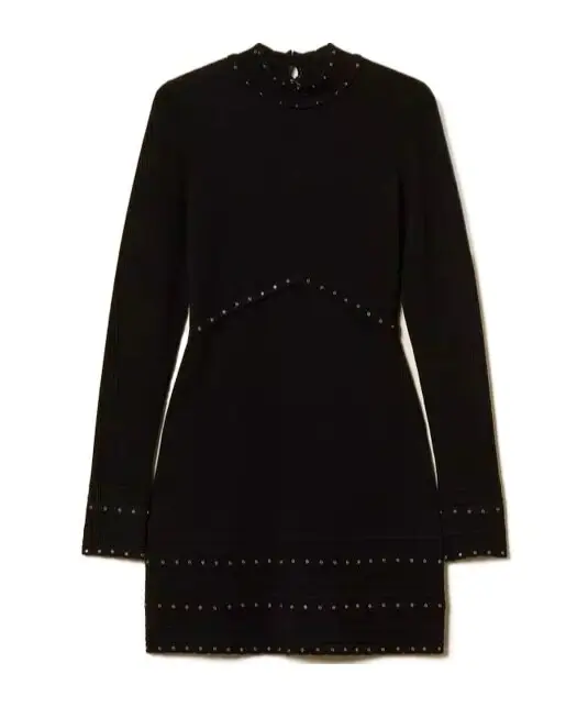 TWINSET Studded Funnel Neck Knit Mini Dress