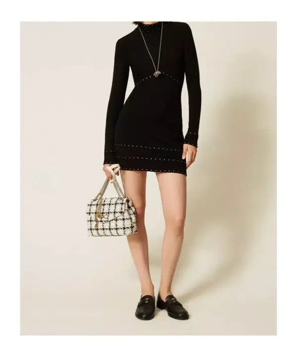 TWINSET Studded Funnel Neck Knit Mini Dress