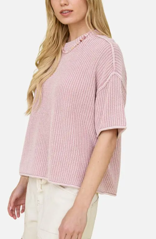 J.O.A. Rib Knit Raw Edge Cotton Blend Sweater - Dusty Pink