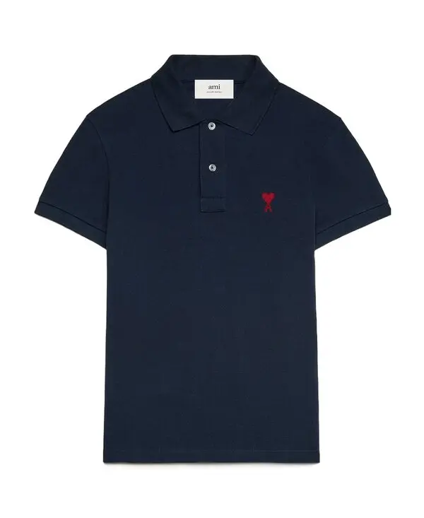 AMI Paris Logo Embroidered Short-sleeved Polo Shirt - Black