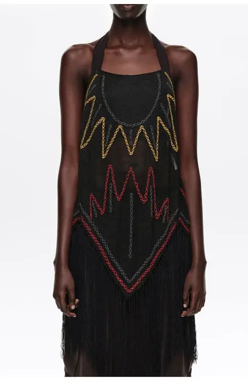 Bimba Y Lola Embroidered Knit Halter Top With Fringing