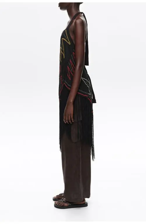 Bimba Y Lola Embroidered Knit Halter Top With Fringing
