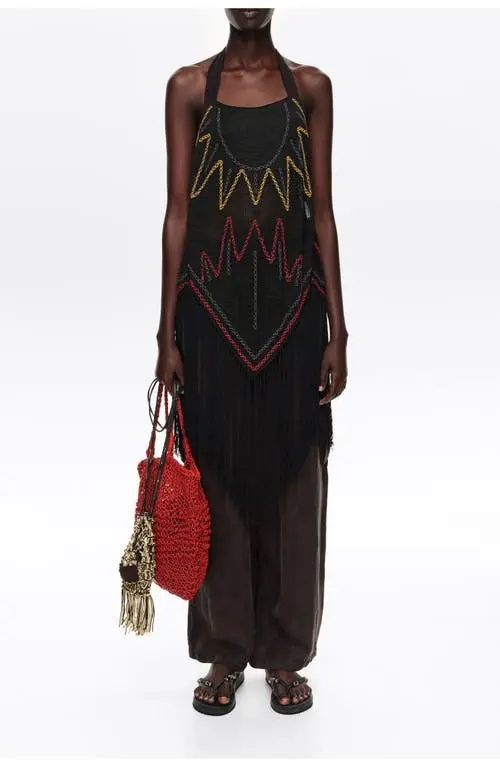 Bimba Y Lola Embroidered Knit Halter Top With Fringing