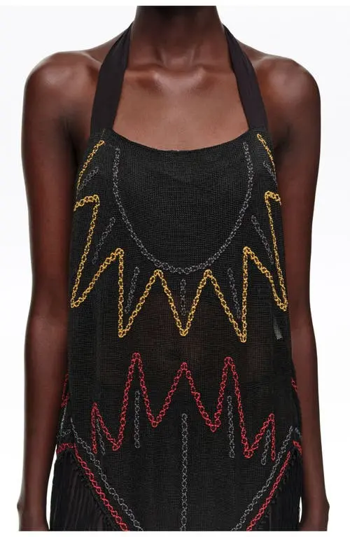 Bimba Y Lola Embroidered Knit Halter Top With Fringing
