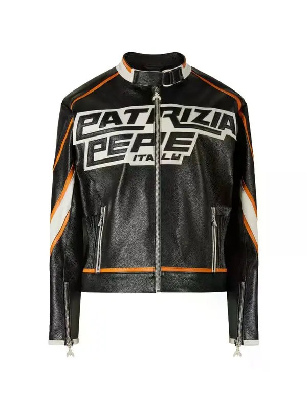 Patrizia Pepe Racing Logo Leather Biker Jacket