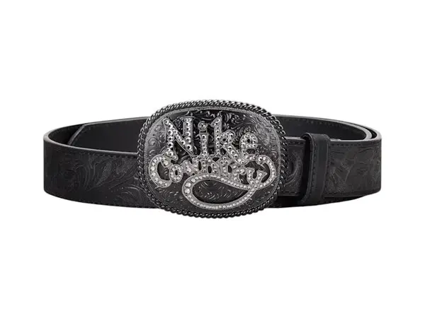 Nike Country Rhinestone Plaque Buckle Embossed Leather Belt - Black
