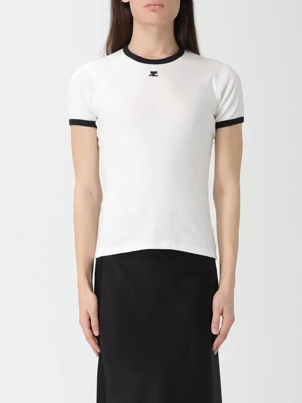COURREGES Slim Fit Cotton Top With Contrast Piping And Logo - White