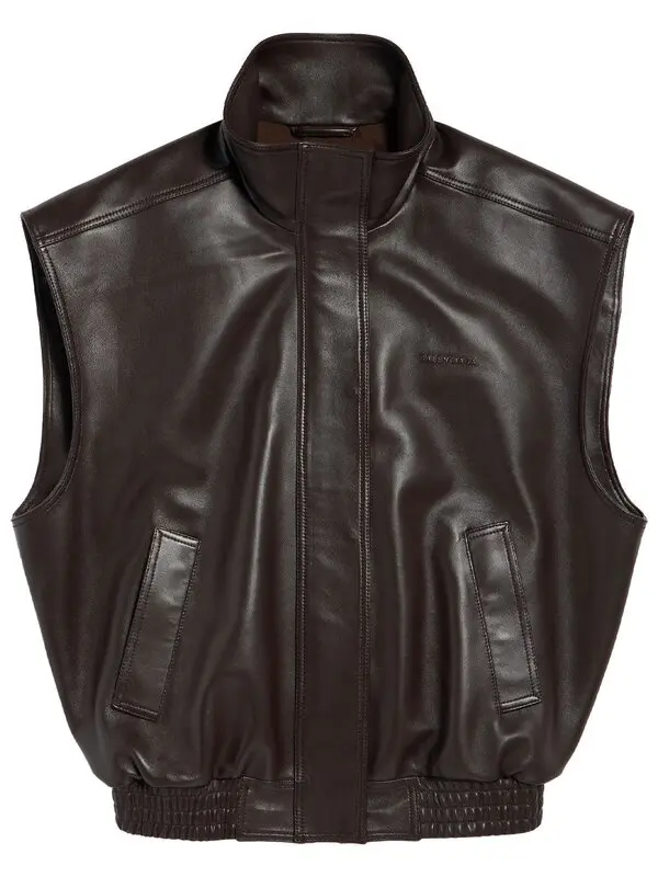 Balenciaga Sleeveless Blouson In Shiny Soft Lambskin - Brown