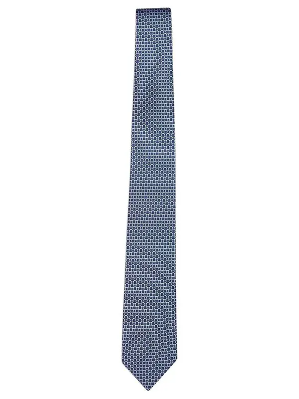 FERRAGAMO Silk Gancini Print Neck Tie - Blue