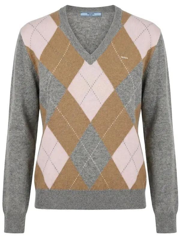 Prada Argyle Pattern V-neck Cashmere Sweater - Gray