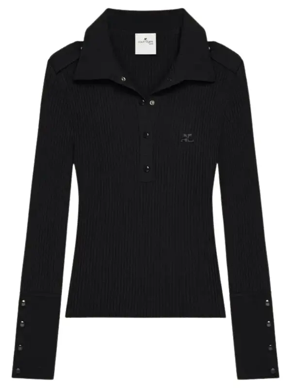 COURREGES Logo Polo Shirt With Open Collar, Epaulettes & Snap Cuffs - Black