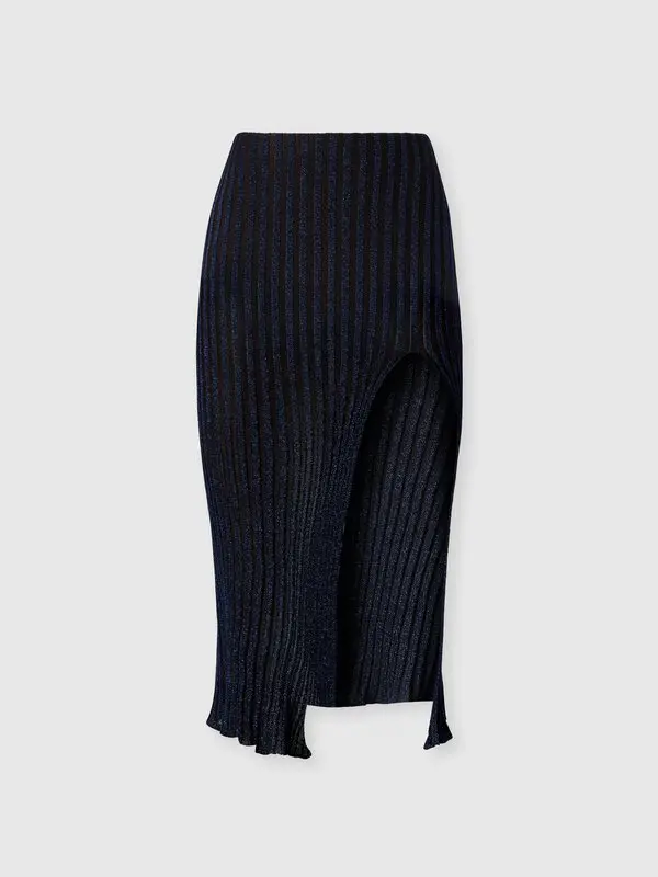 Missoni Ribbed Viscose Lamé Midi Skirt With Slit - Navy Blue