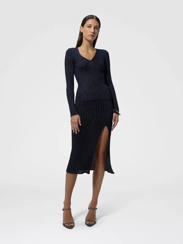 Missoni Ribbed Viscose Lamé Midi Skirt With Slit - Navy Blue