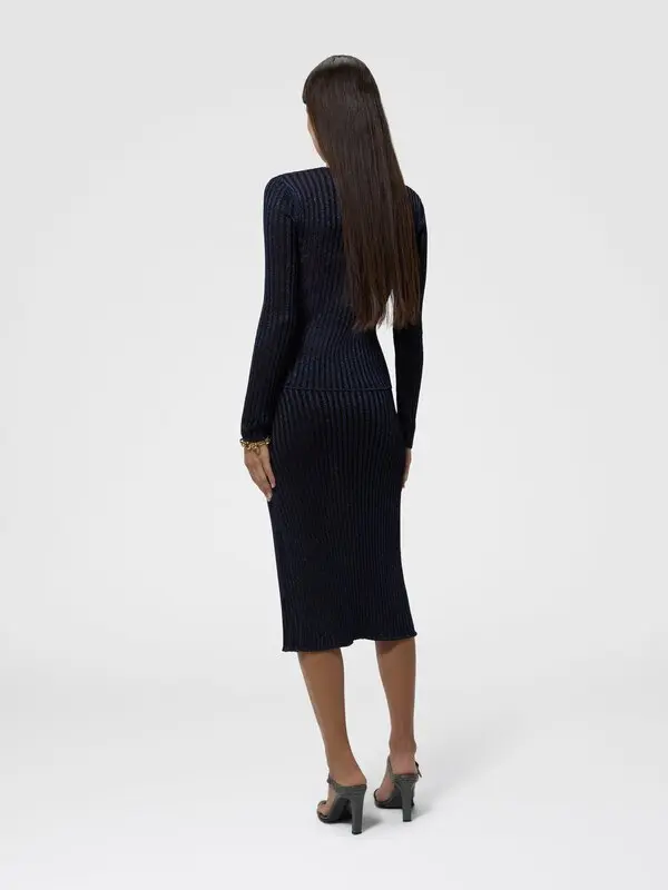 Missoni Ribbed Viscose Lamé Midi Skirt With Slit - Navy Blue