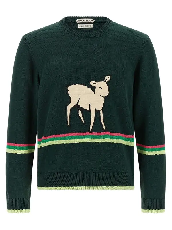 JW Anderson Crew Neck Sweater With Sheep Motif - Green