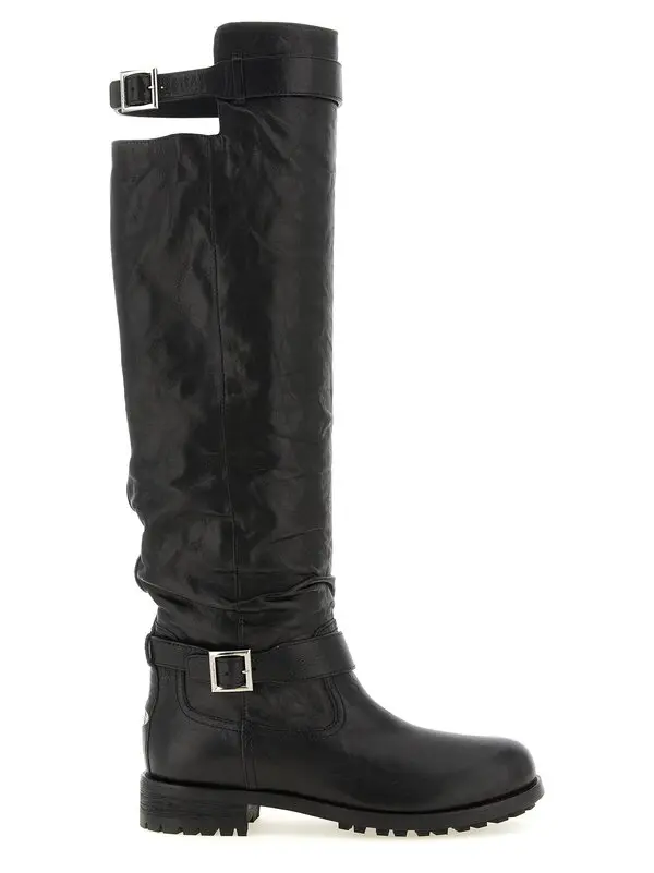 JIMMY CHOO Biker Kb Knee-high Leather Boots With Buckle Detailing - Black