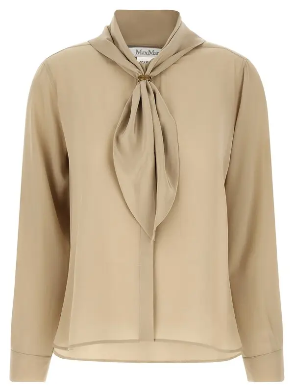 Max Mara Mxmdry' Silk Crepe De Chine Shirt With Draped Scarf Detail - Cream