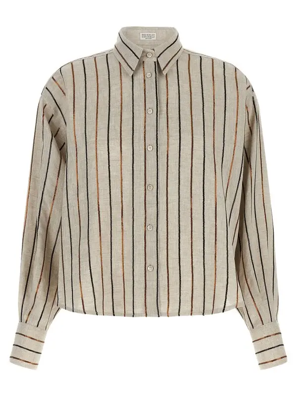 Brunello Cucinelli Striped Sequin Embellished Linen Shirt - Cream
