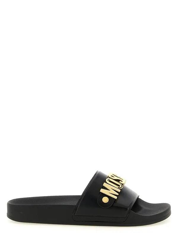 Moschino Pool Slide Sandals With Metal Logo - Gold