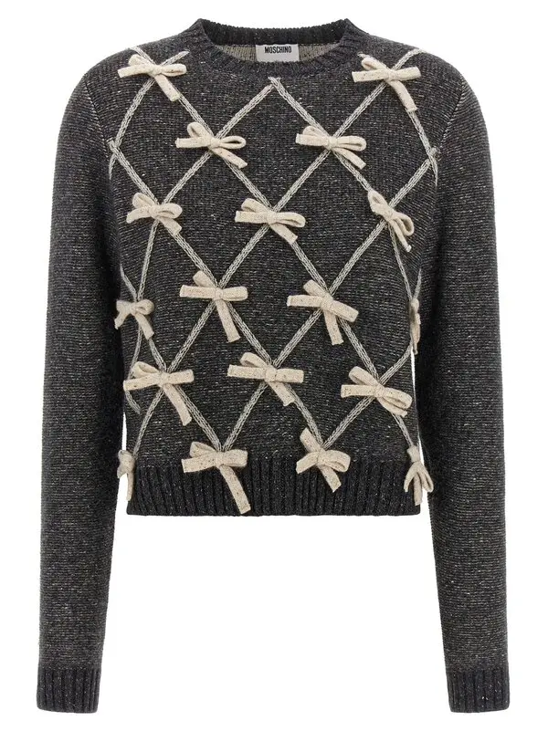 Moschino Bow Embellished Diamond Knit Sweater - Gray