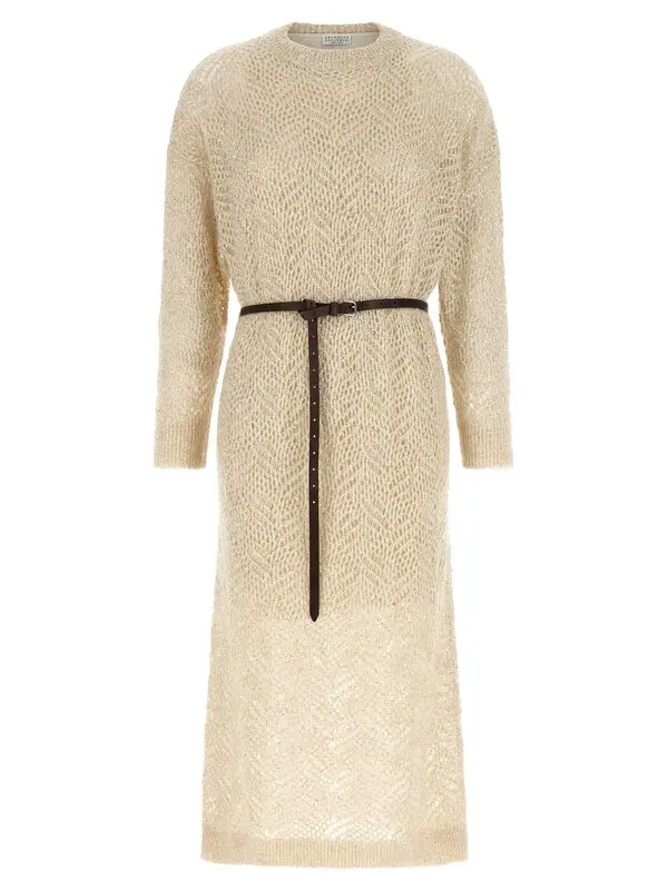 Brunello Cucinelli Perforated Knit Midi Dress With Sequins And Belt - Cream