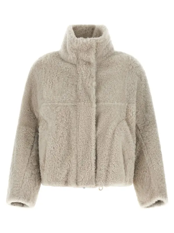 Brunello Cucinelli Cropped Shearling Jacket With High Neck - Cream