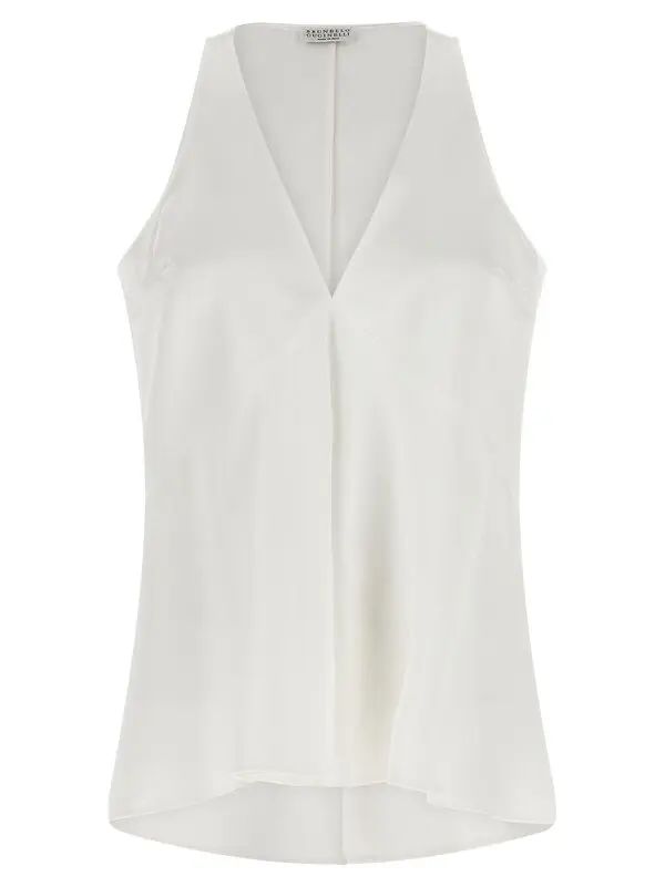 Brunello Cucinelli Sleeveless V-neck Top With Asymmetrical Hem - White
