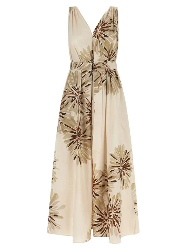 Brunello Cucinelli Sleeveless V-neck Floral Print Cotton Poplin Midi Dress - Cream