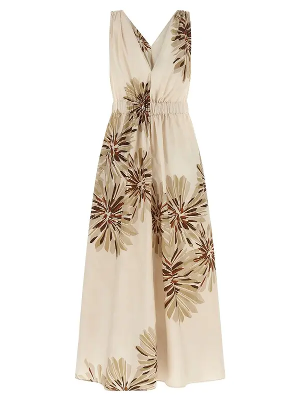 Brunello Cucinelli Sleeveless V-neck Floral Print Cotton Poplin Midi Dress - Cream
