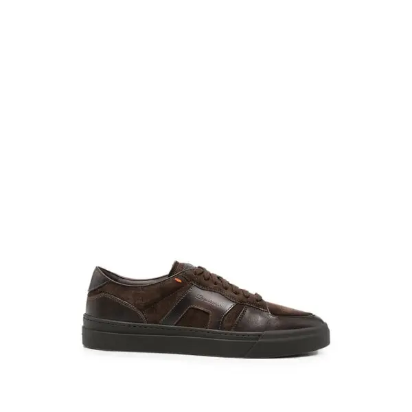 Santoni Dark Leather And Suede Lace-up Sneakers - Brown