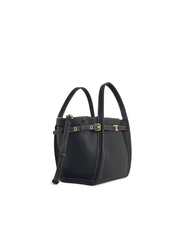 TOD'S Small Leather Shopping Bag With T Timeless Accessory - Black