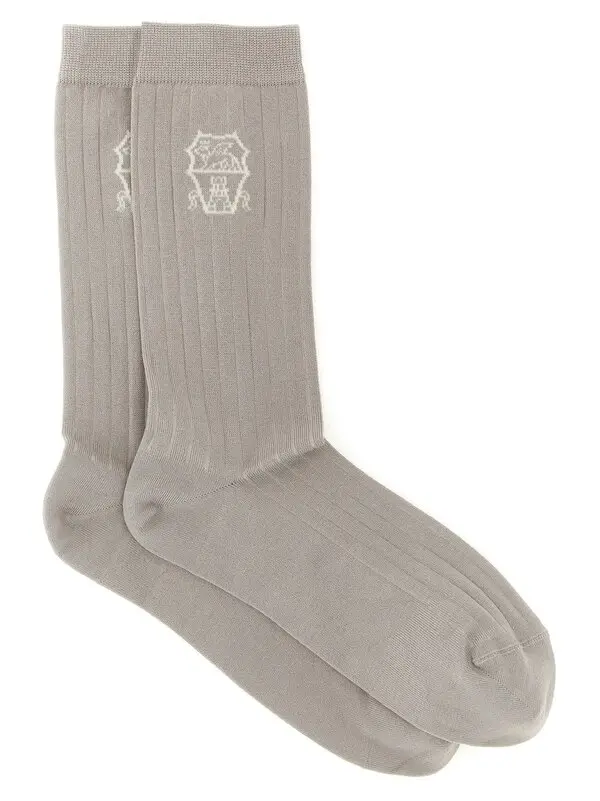 Brunello Cucinelli Coat Of Arms Of Solomeo" Cotton Ribbed Dress Socks - Gray