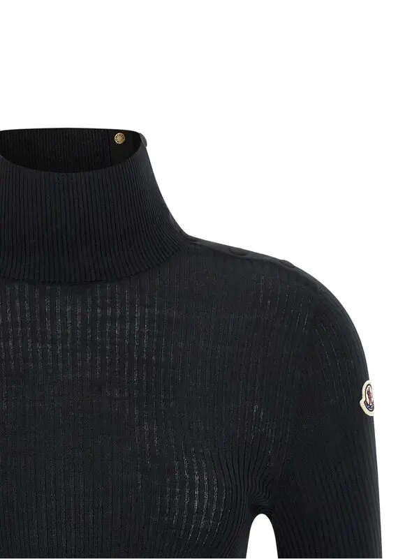 Moncler Ribbed Virgin Wool Turtleneck Sweater With Gold Snap Button Detail - Black
