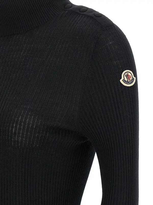 Moncler Ribbed Virgin Wool Turtleneck Sweater With Gold Snap Button Detail - Black