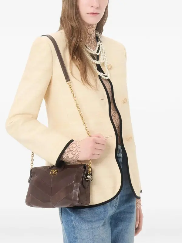 Valentino Garavani Small Shoulder Bag In Suede And Nappa Chevron - Brown