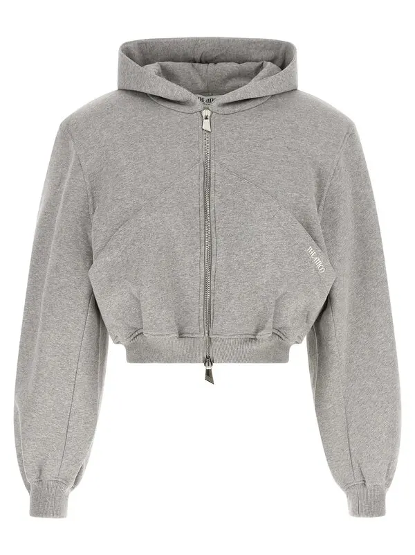 Attico Cropped Zip-up Hoodie With Contrast Stitching And Embroidered Logo - Gray