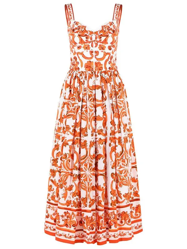 Dolce & Gabbana Maiolica' Print Cotton Maxi Dress - Orange