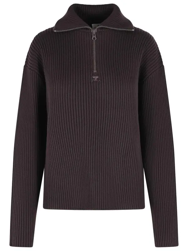 COURREGES Ribbed Merino Wool Quarter Zip Sweater - Multicolor