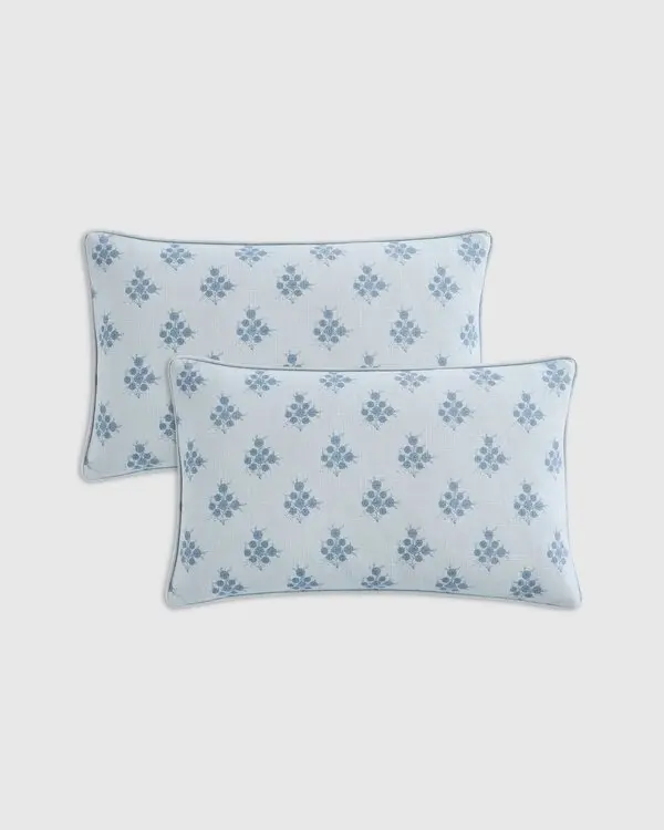 Quince Piped Block Print Cotton Pillow Cover - Light Blue