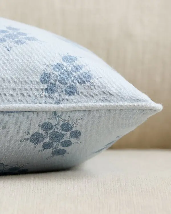 Quince Piped Block Print Cotton Pillow Cover - Light Blue