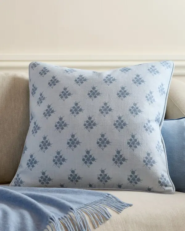 Quince Piped Block Print Cotton Pillow Cover - Light Blue