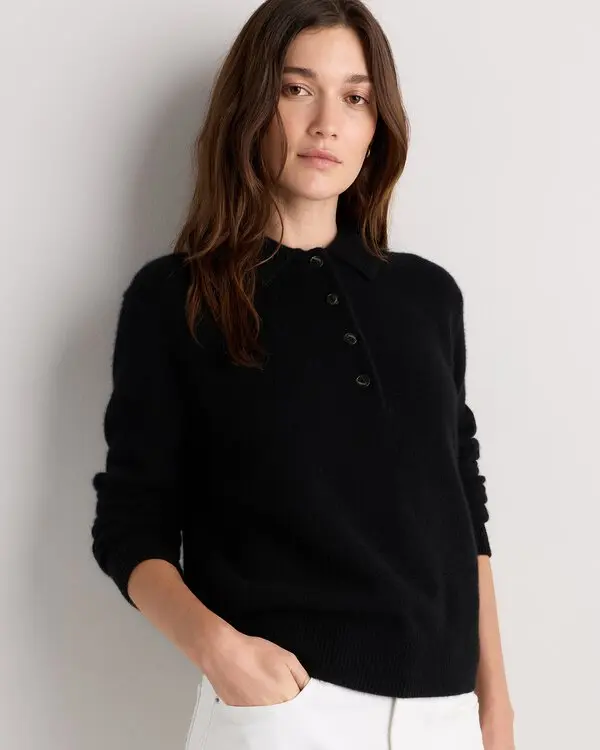 Quince Mongolian Cashmere Button Polo Sweater - Black