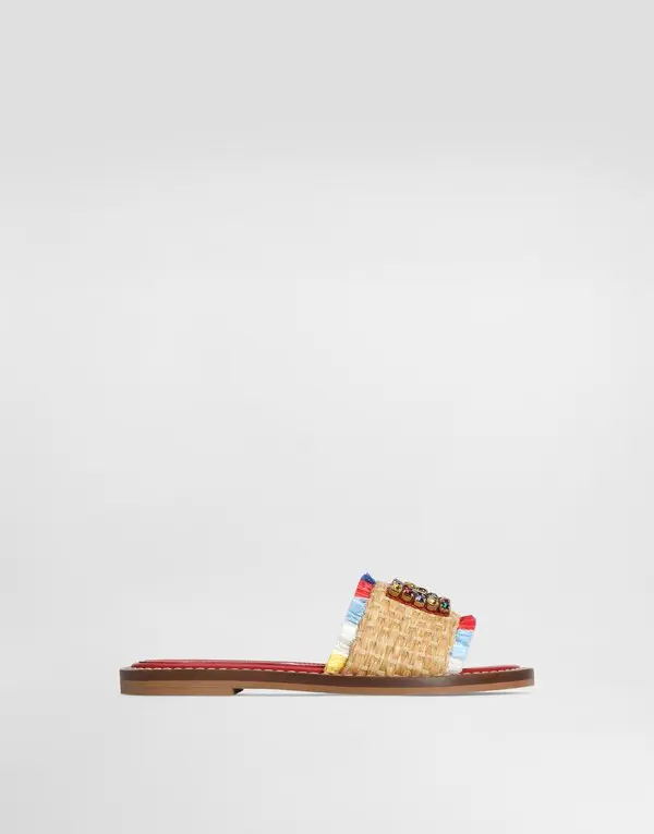 Dolce & Gabbana Flat Straw Slide Sandals With Fringes