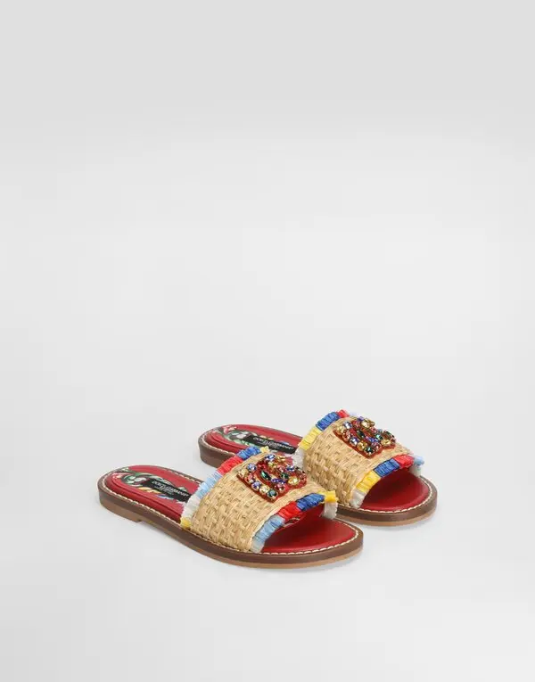 Dolce & Gabbana Flat Straw Slide Sandals With Fringes